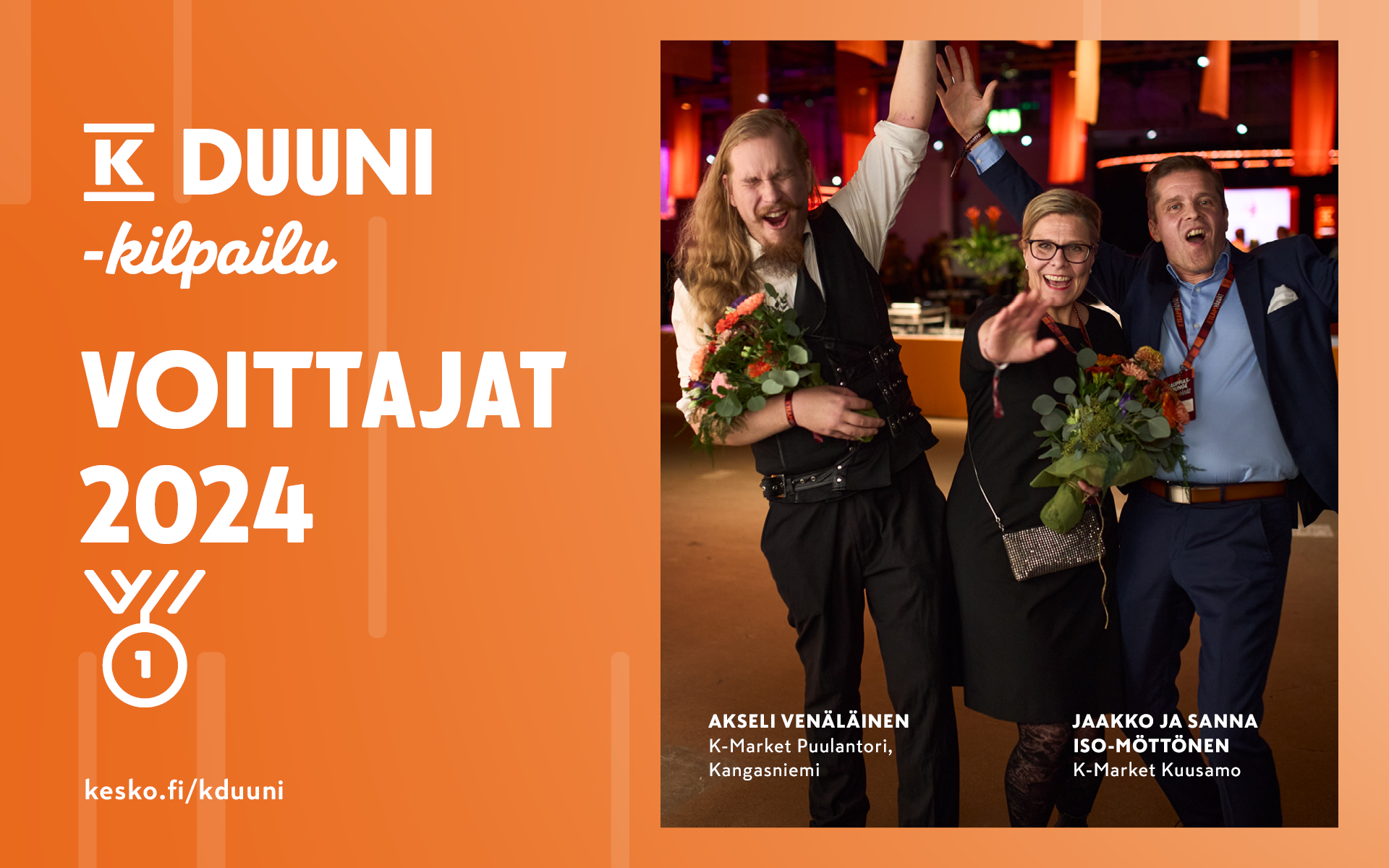 Jaakko ja Sanna sekä Akseli ovat K-Duuni-kilpailun vuoden 2024 voittajat